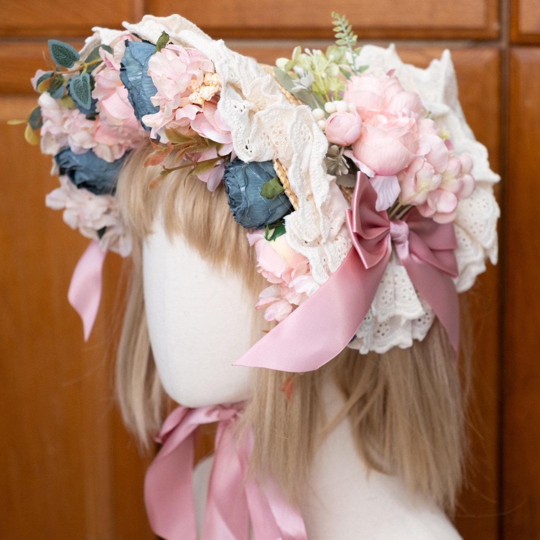 Victorian Flat Bonnet Full of Flowers, Pink and Blue, With Ribbons and ...