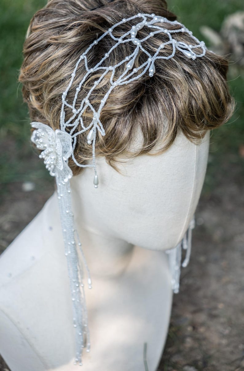 Gatsby Headpiece, White, Bead and Sequin, Jazz Age, Flapper Headband ...