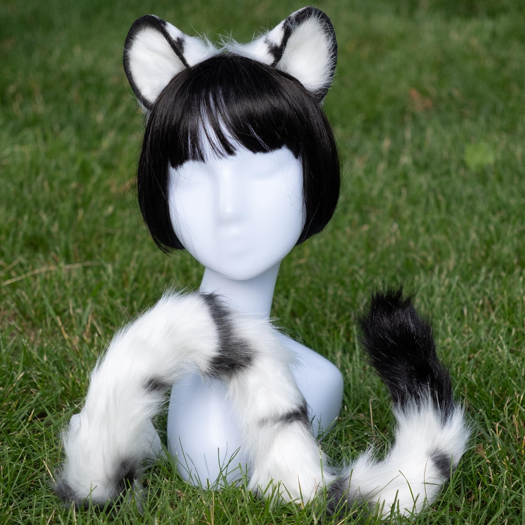 White Tiger Ears and Tail, White and Black, Snow Tiger, Cosplay Anime ...