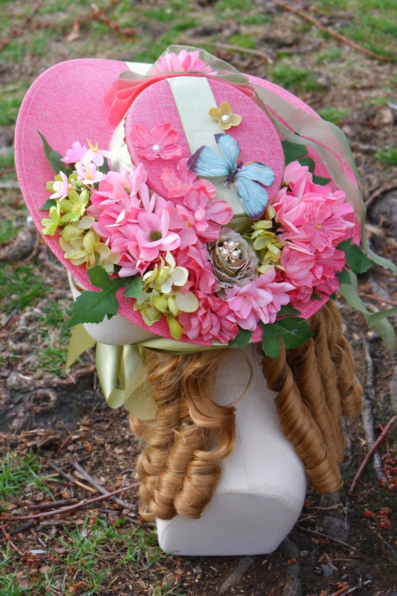 Pink Victorian Hat, Hot Pink Flowers, Green Ribbons, Adult Size ...