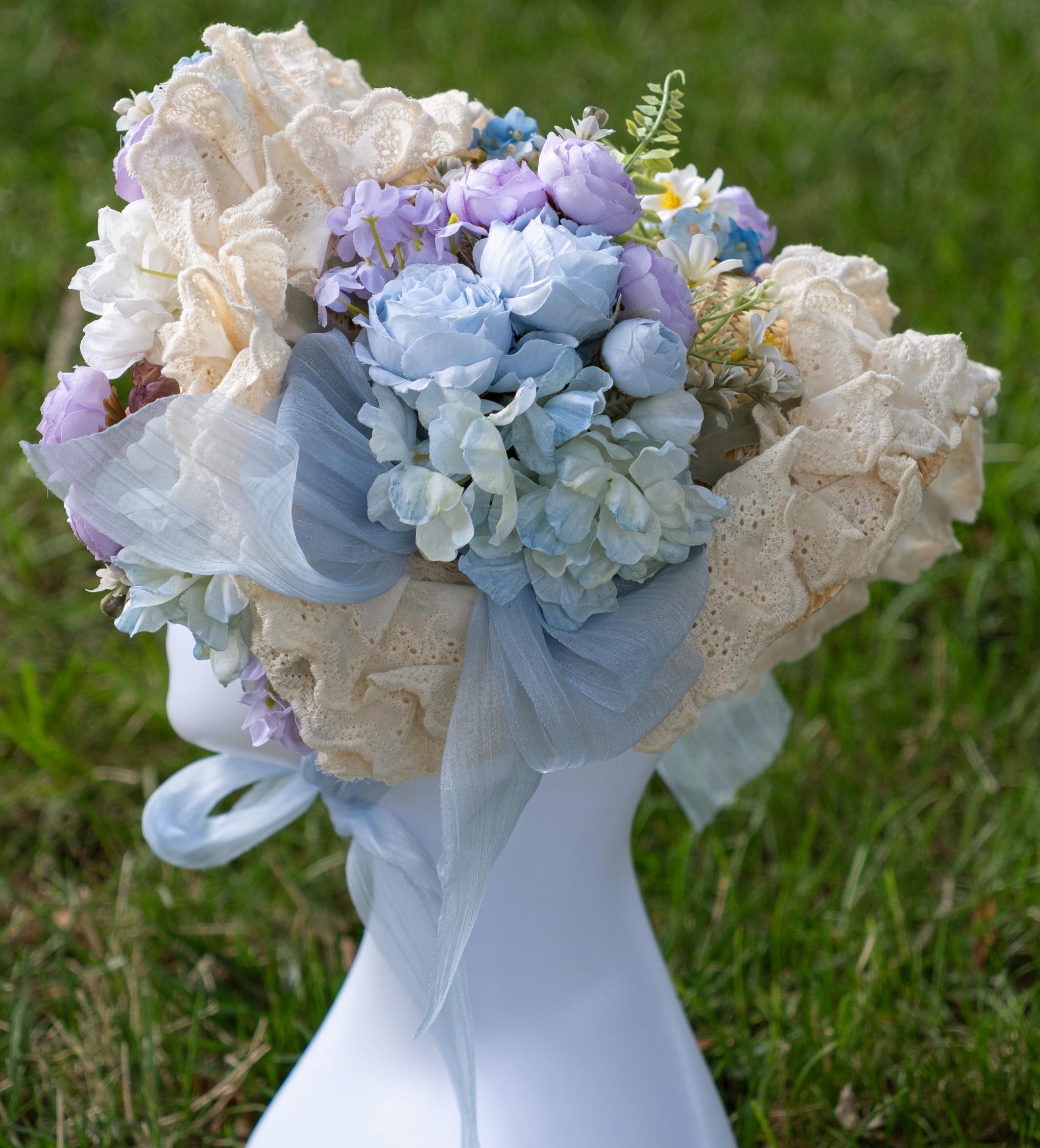Victorian Flat Bonnet Full of Flowers, Blue and Purple, With Ribbons ...