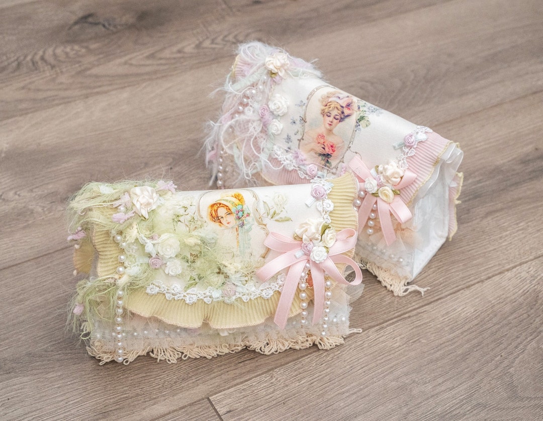 Victorian Handbag, Beige Pink Green, With Laces, Ribbons and Oil ...