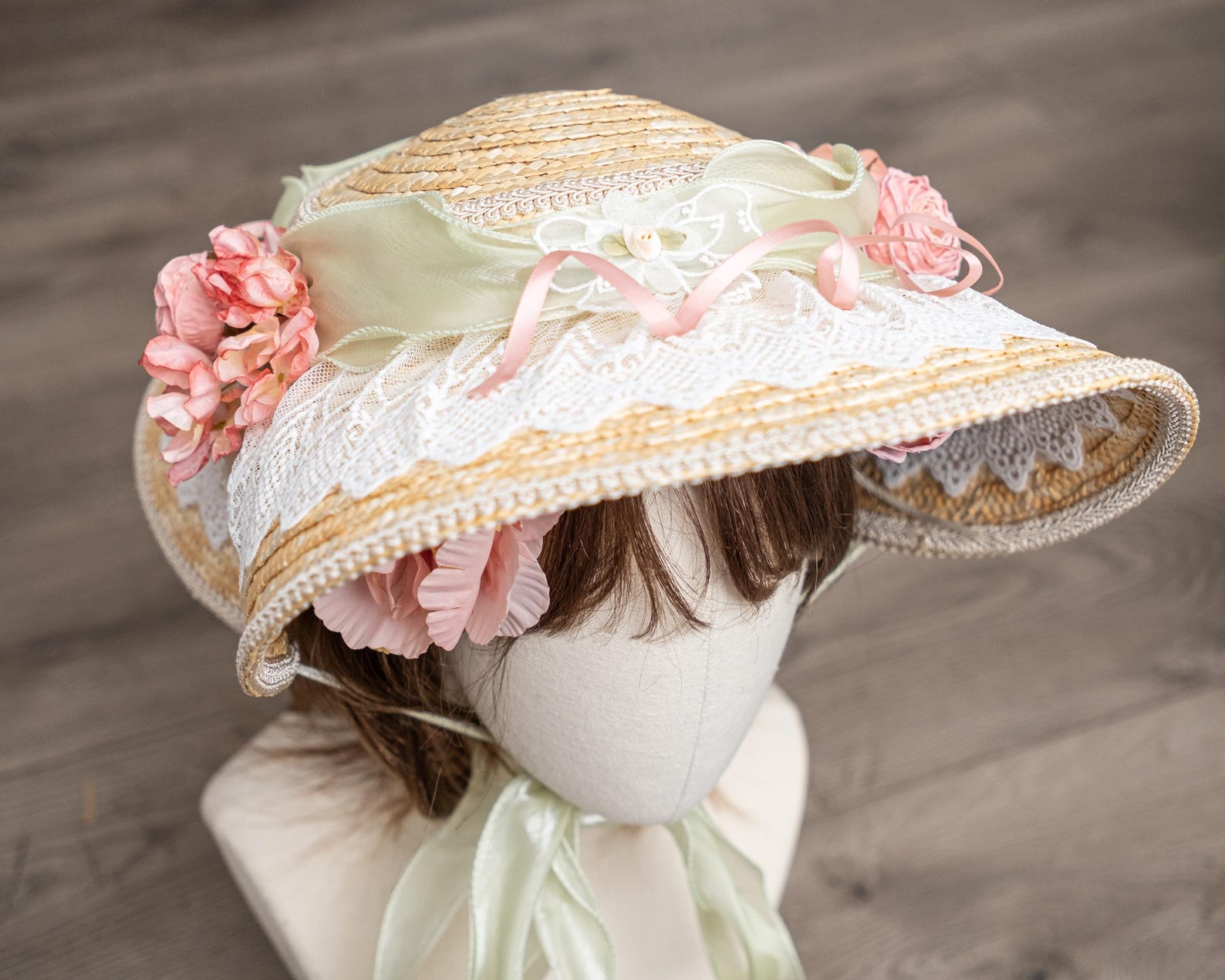 Victorian Bonnet, Pink Beige Green, With Flowers and Ribbons, Prairie ...