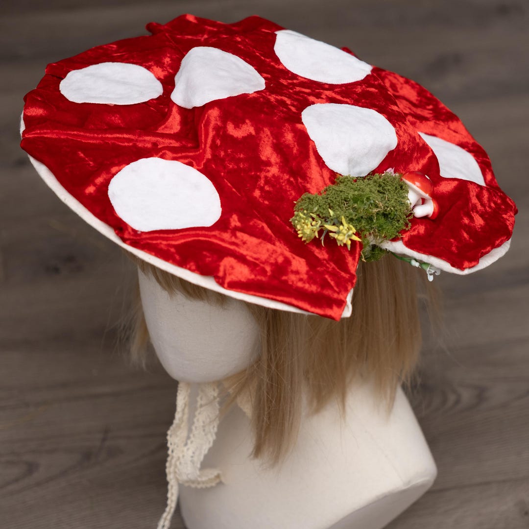 Red Mushroom Hat With White Dots, Velvet Mushroom Hat, With Moss, for ...