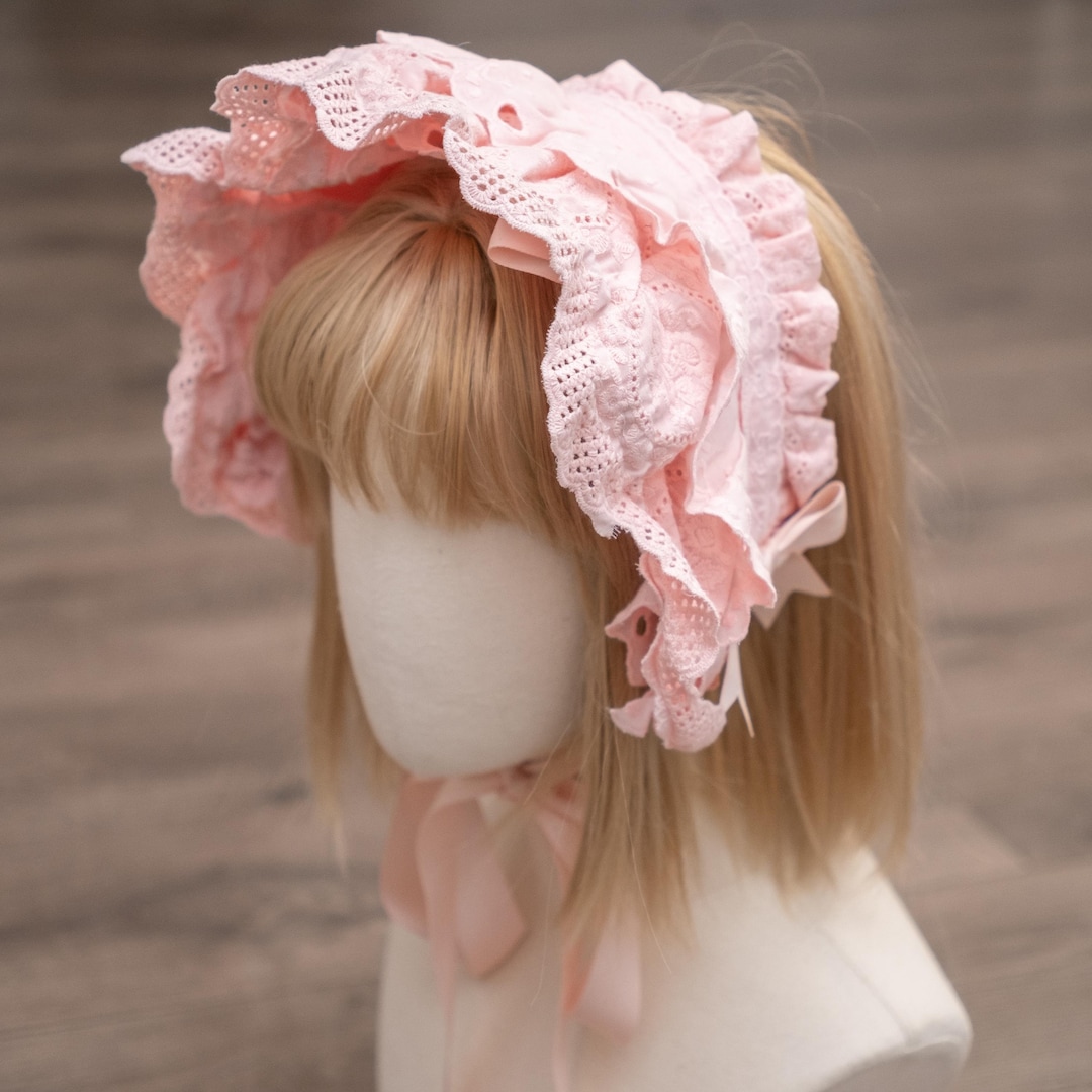 Victorian Bonnet, Pink, Cotton Fabric With Lace, Edwardian Cottagecore ...