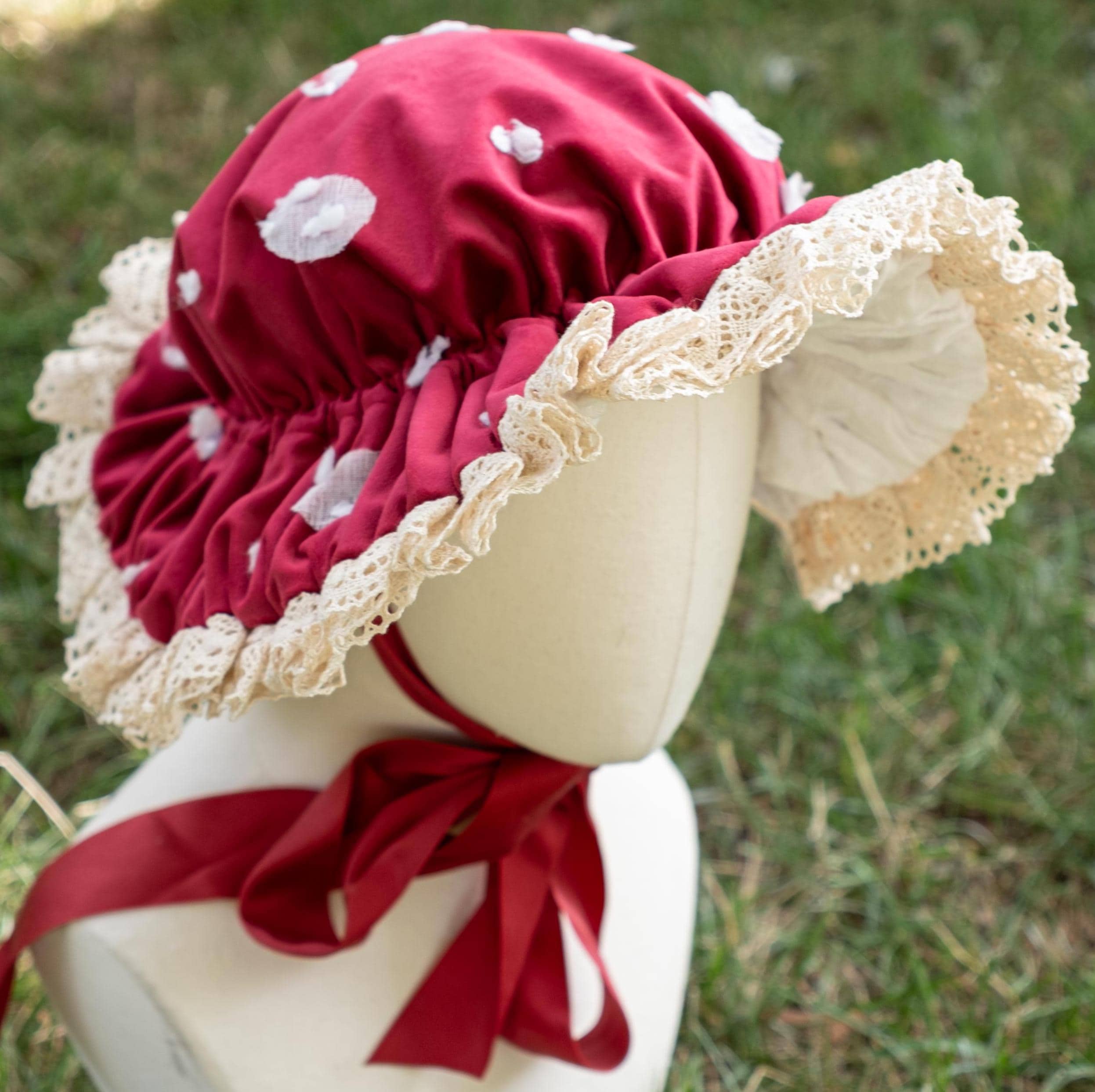 Red Button Mushroom Hat With White Dots, Decorated With Cotton Laces ...