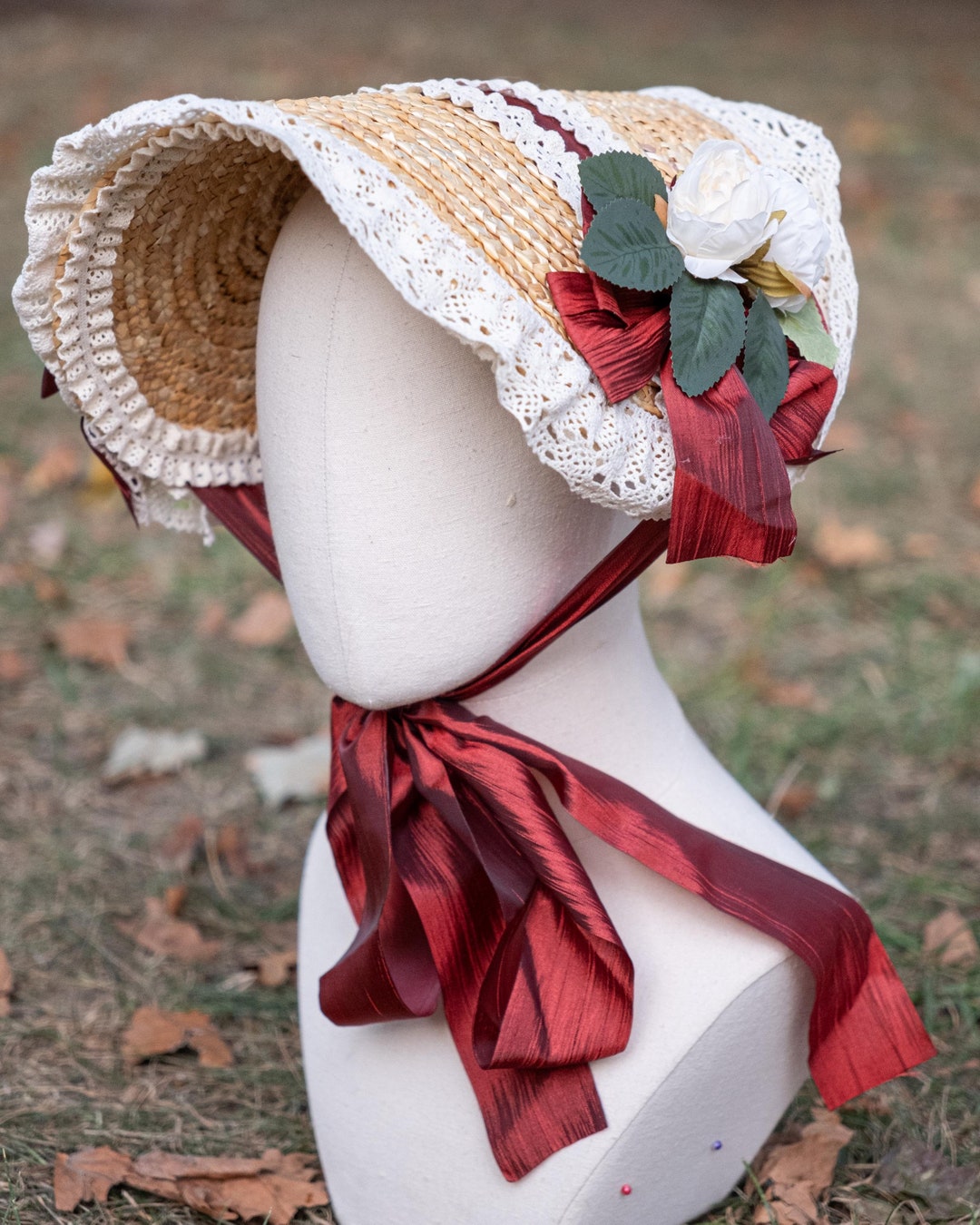 Victorian Flat Bonnet With Red Ribbons and Flowers, Prairie ...