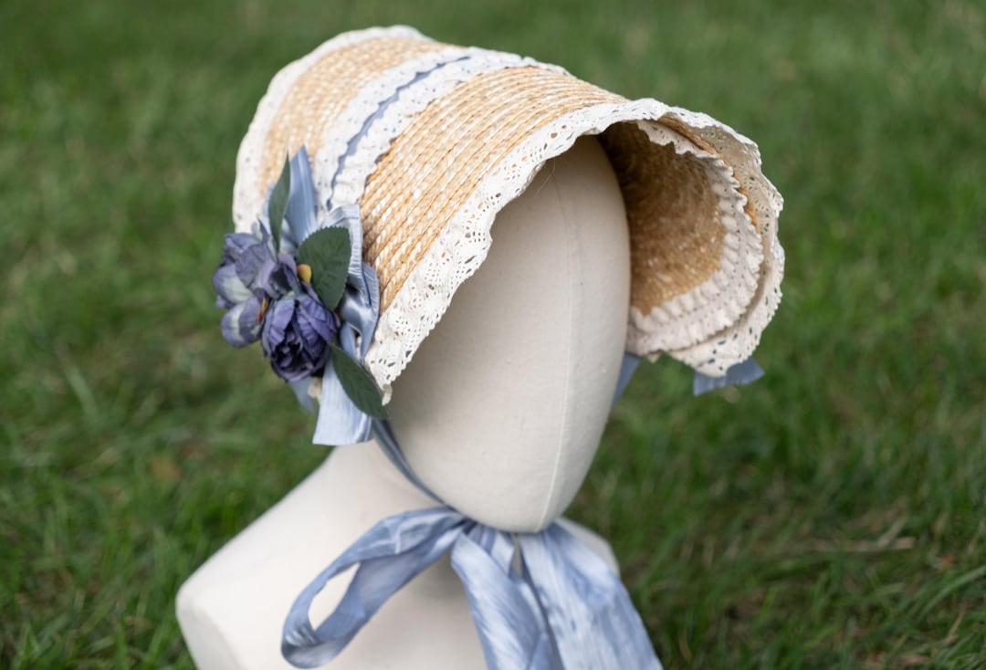 Victorian Flat Bonnet With Blue Ribbons and Flowers, Prairie ...