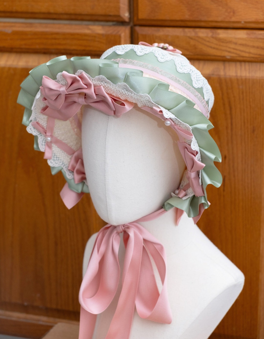 Classic Lolita Bonnet Hat Green Pink Vintage-inspired Cottagecore - Etsy