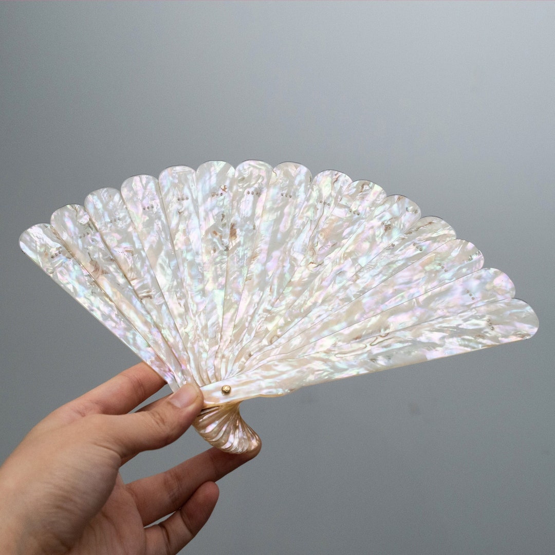 Mother of Pearl Hand Fan, Shimmering, Natural Shell, Epoxy Resin ...