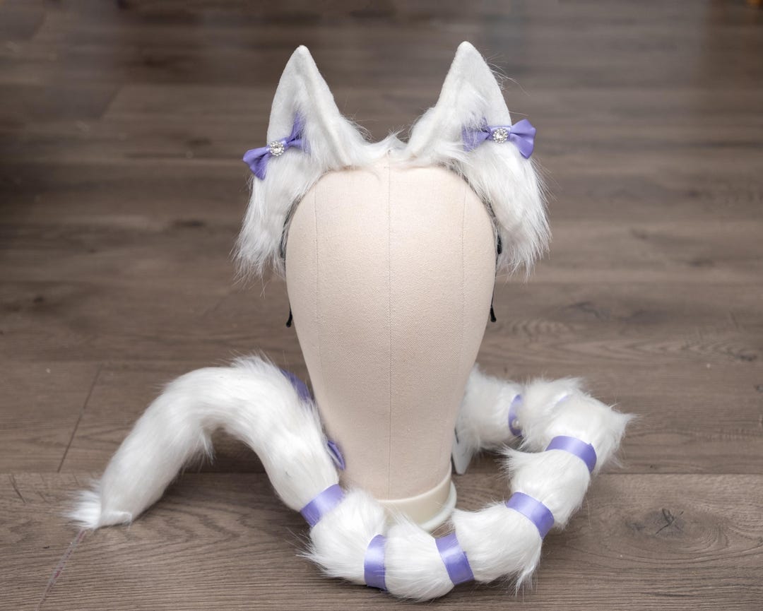 White Cat Ears and Tail, With Purple Bowties and Ribbons, Furry Cosplay ...