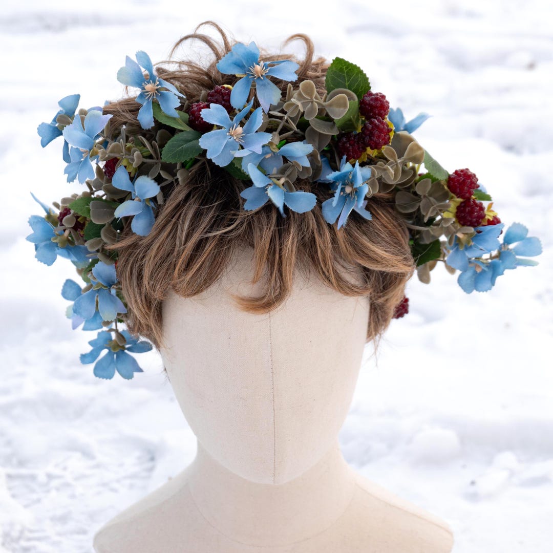 Floral Crown Headdress, Blue Flowers, Red Berries, Green Leaves, Head ...