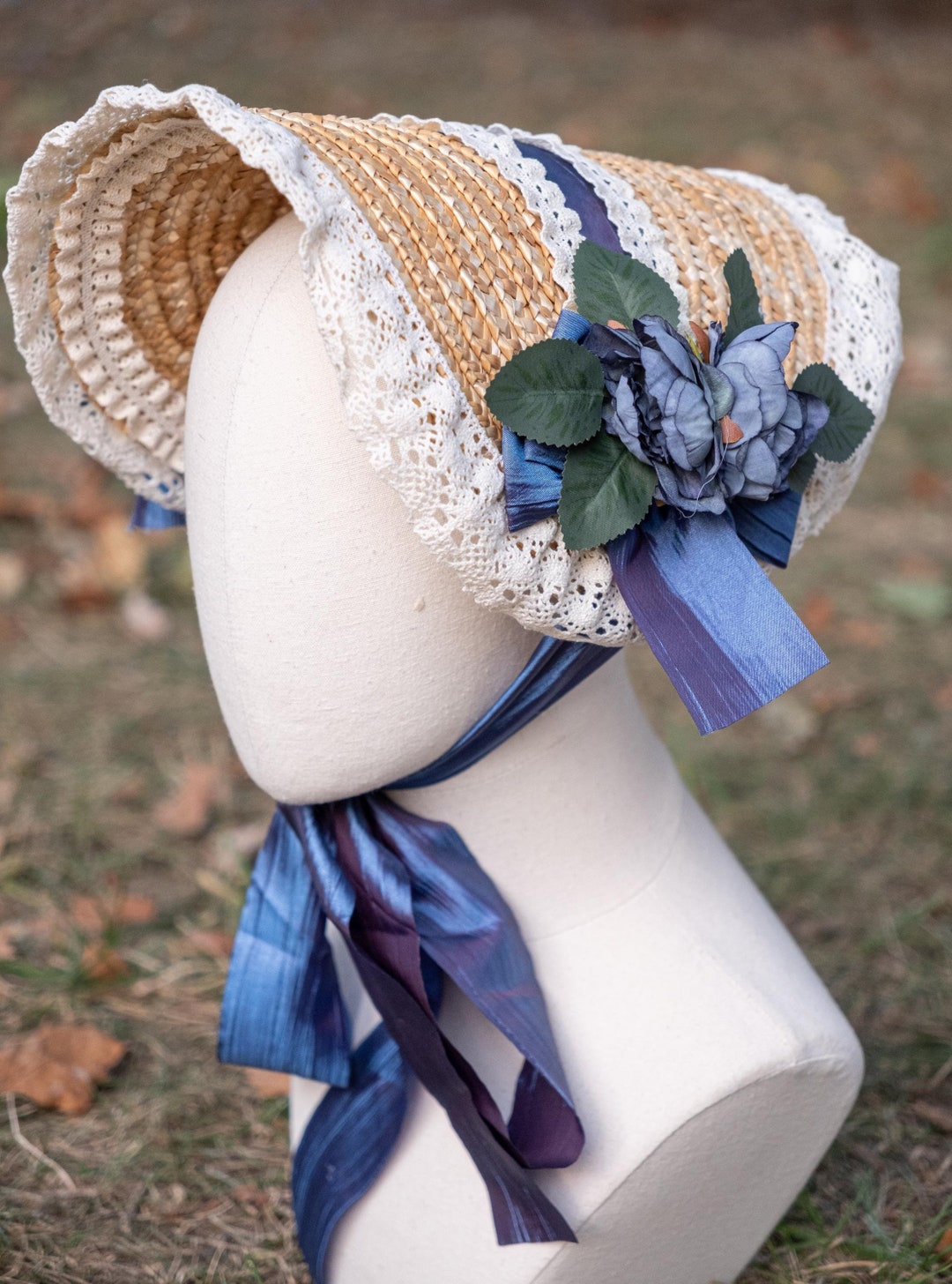Victorian Flat Bonnet With Navy Blue Ribbons and Flowers, Prairie ...