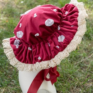 Red Button Mushroom Hat With White Dots, Decorated With Cotton Laces ...