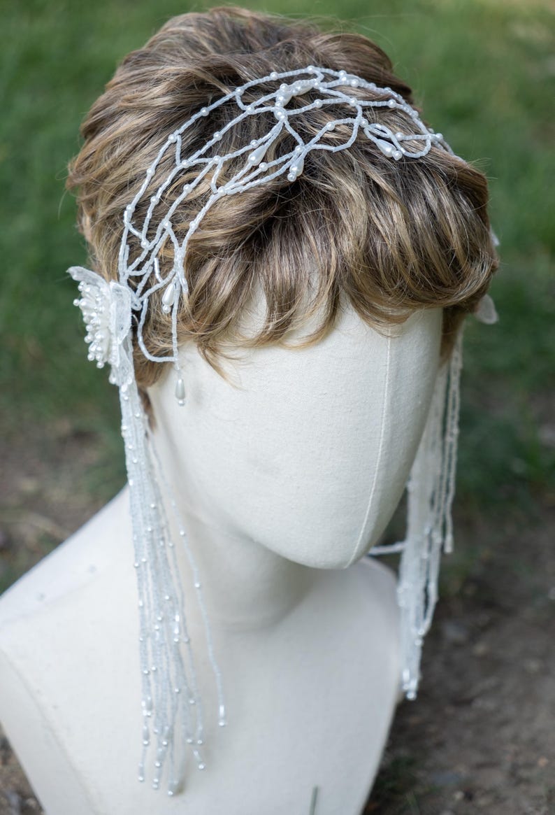Gatsby Headpiece, White, Bead and Sequin, Jazz Age, Flapper Headband ...