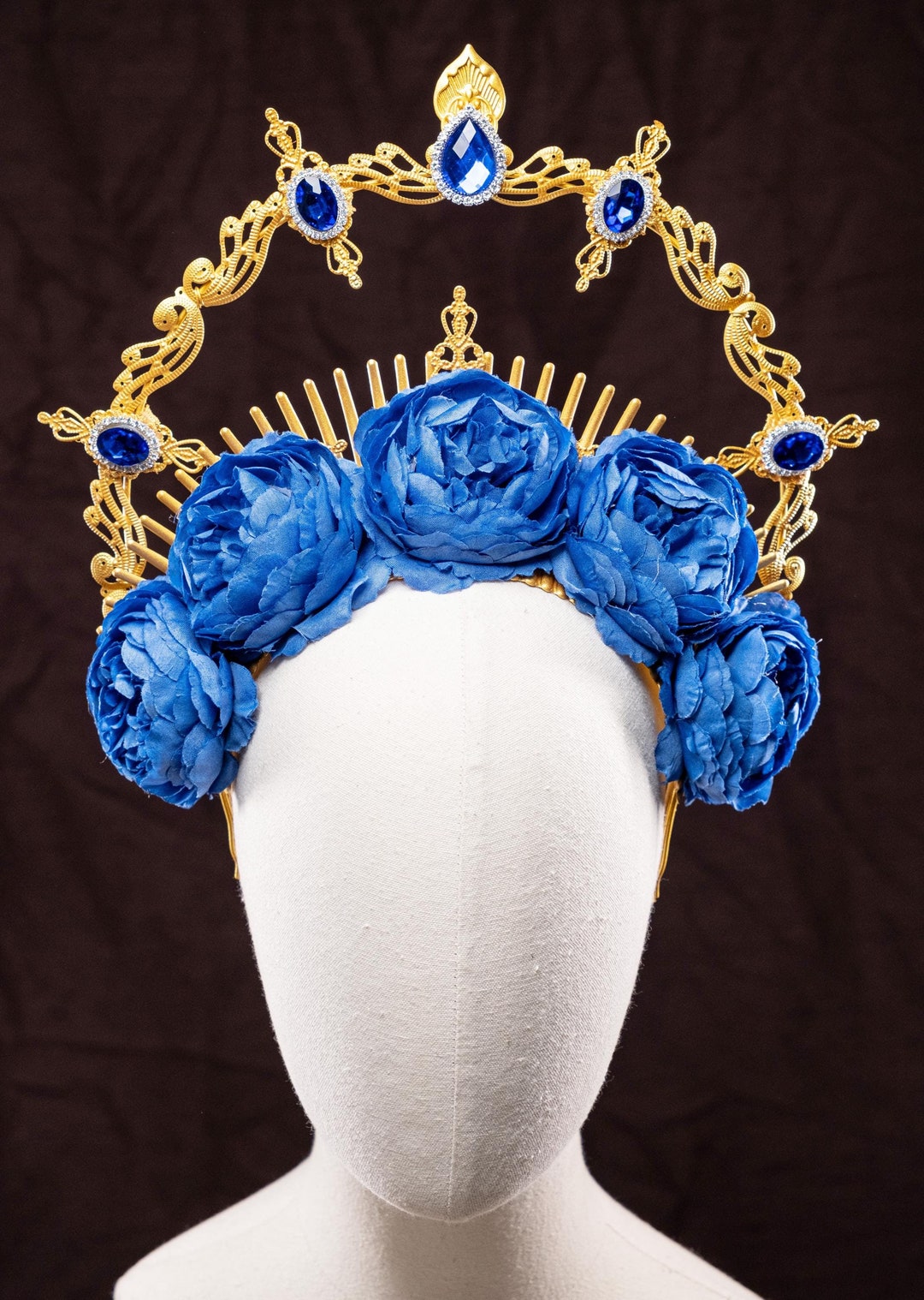 Gold Halo Crown With Blue Roses, Renaissance Rococo Imperial Religious ...