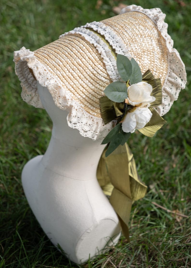 Victorian Flat Bonnet With Green Ribbons and Flowers, Prairie ...