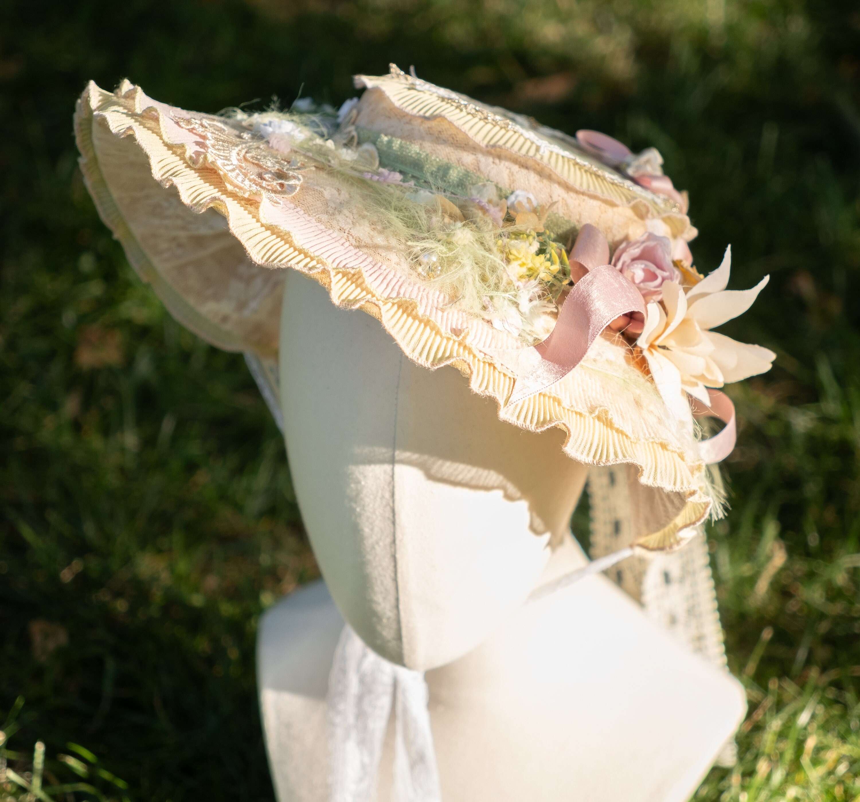 Victorian Bonnet, Pink Beige Green, Adult Size, With Flowers, Ribbons ...