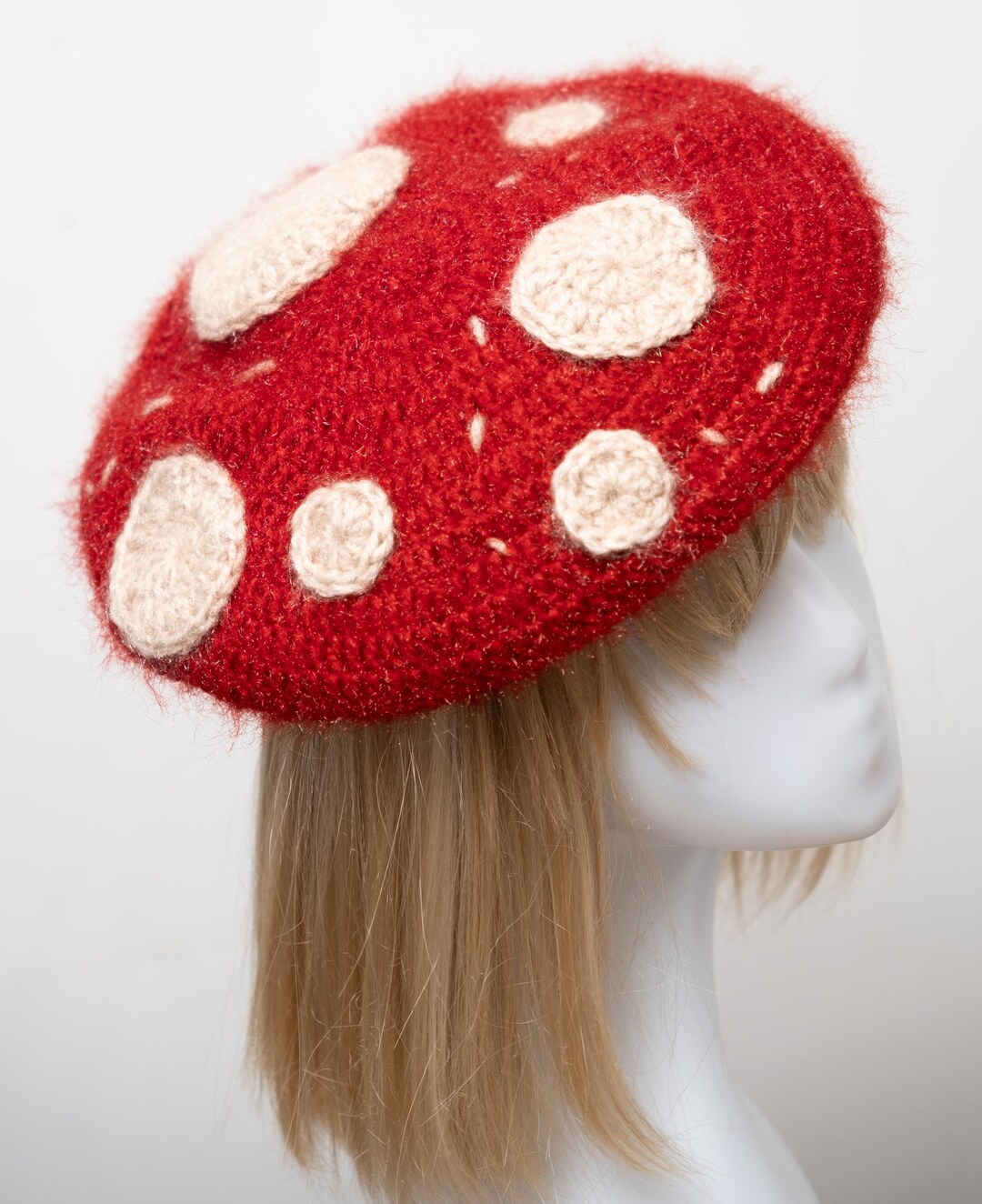 Red Mushroom Beret Hat With White Dots, Polyester Knitted Hat, Handmade ...