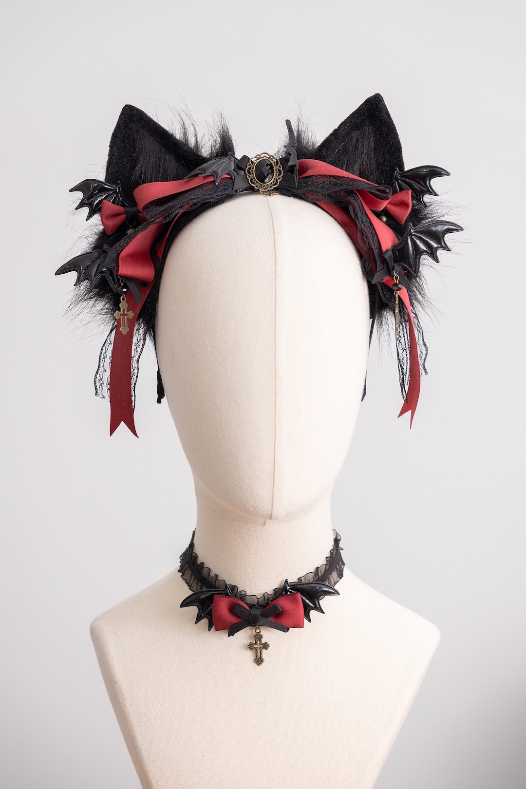 Kawaii Lolita Headdress Black Red Set Animal Furry Cat Ears Cosplay ...