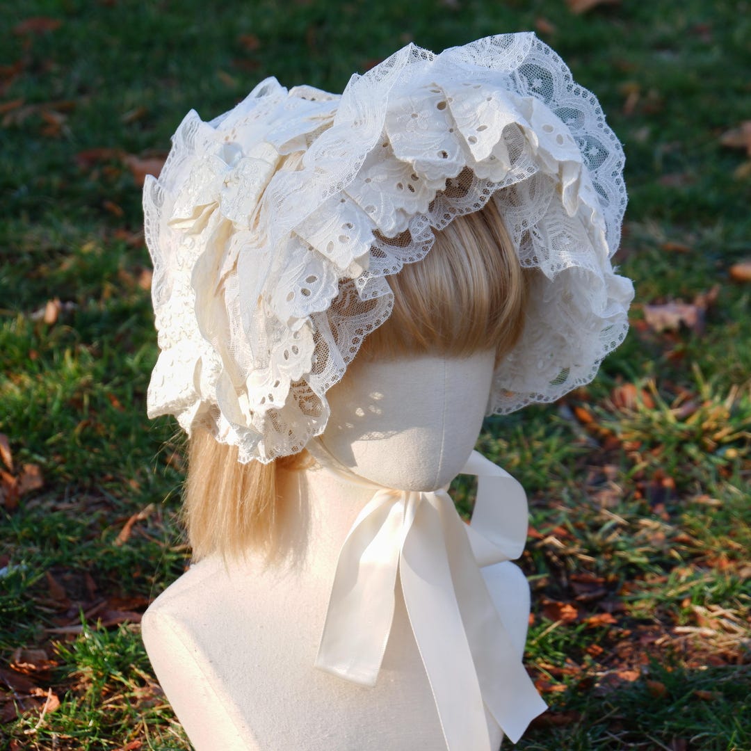Victorian Flat Bonnet, Beige, Adult Size, Cotton Fabric With Lace ...