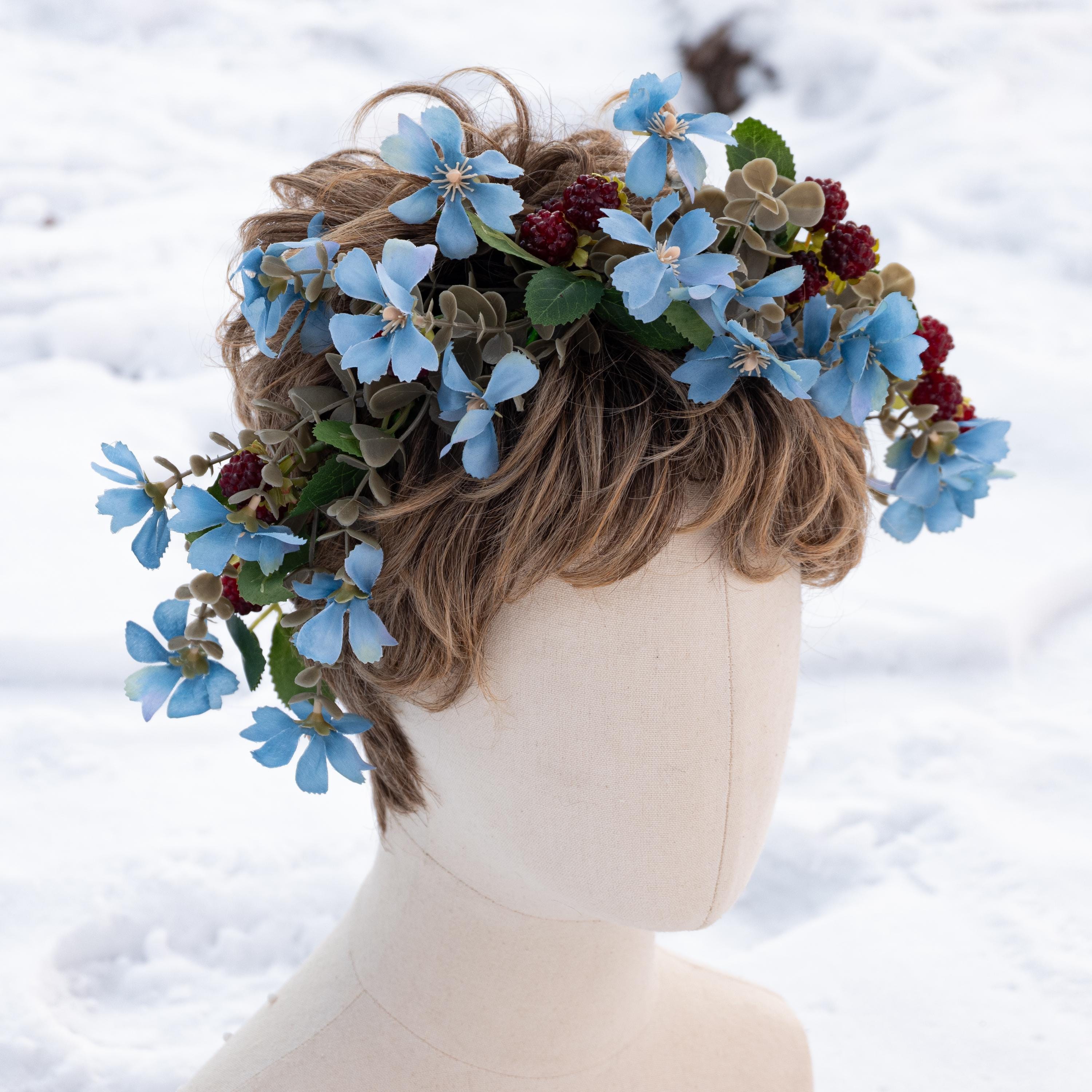 Floral Crown Headdress, Blue Flowers, Red Berries, Green Leaves, Head ...