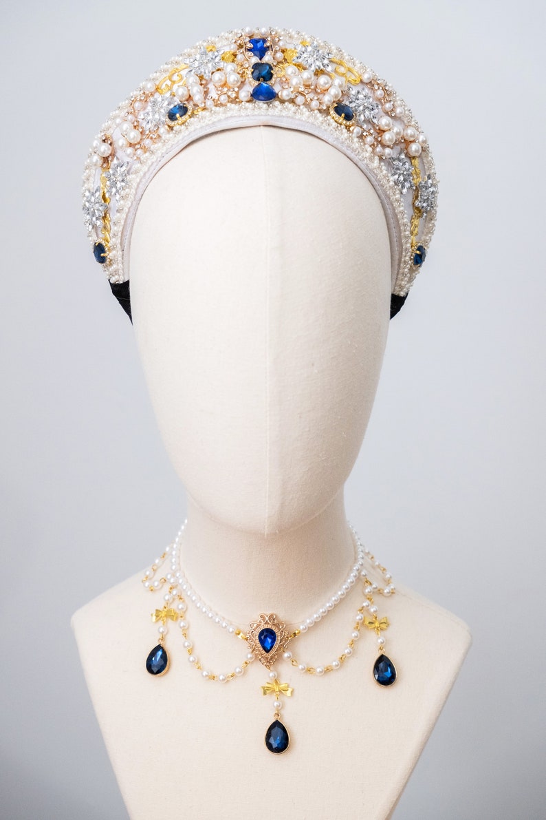 Lolita Tudor Crown White Blue Tiara Imperial Religious Queen Emperor ...