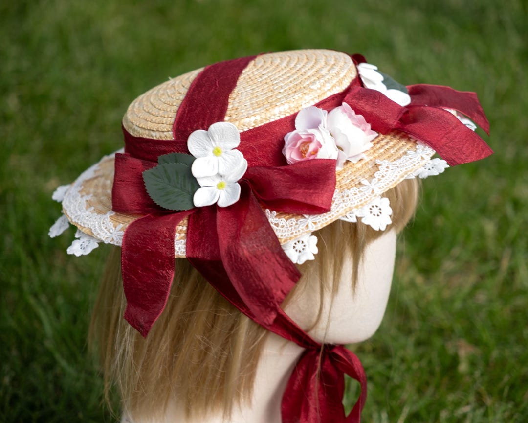 Victorian Bonnet With Red Ribbons and Flowers, Prairie, Cottagecore Hat ...