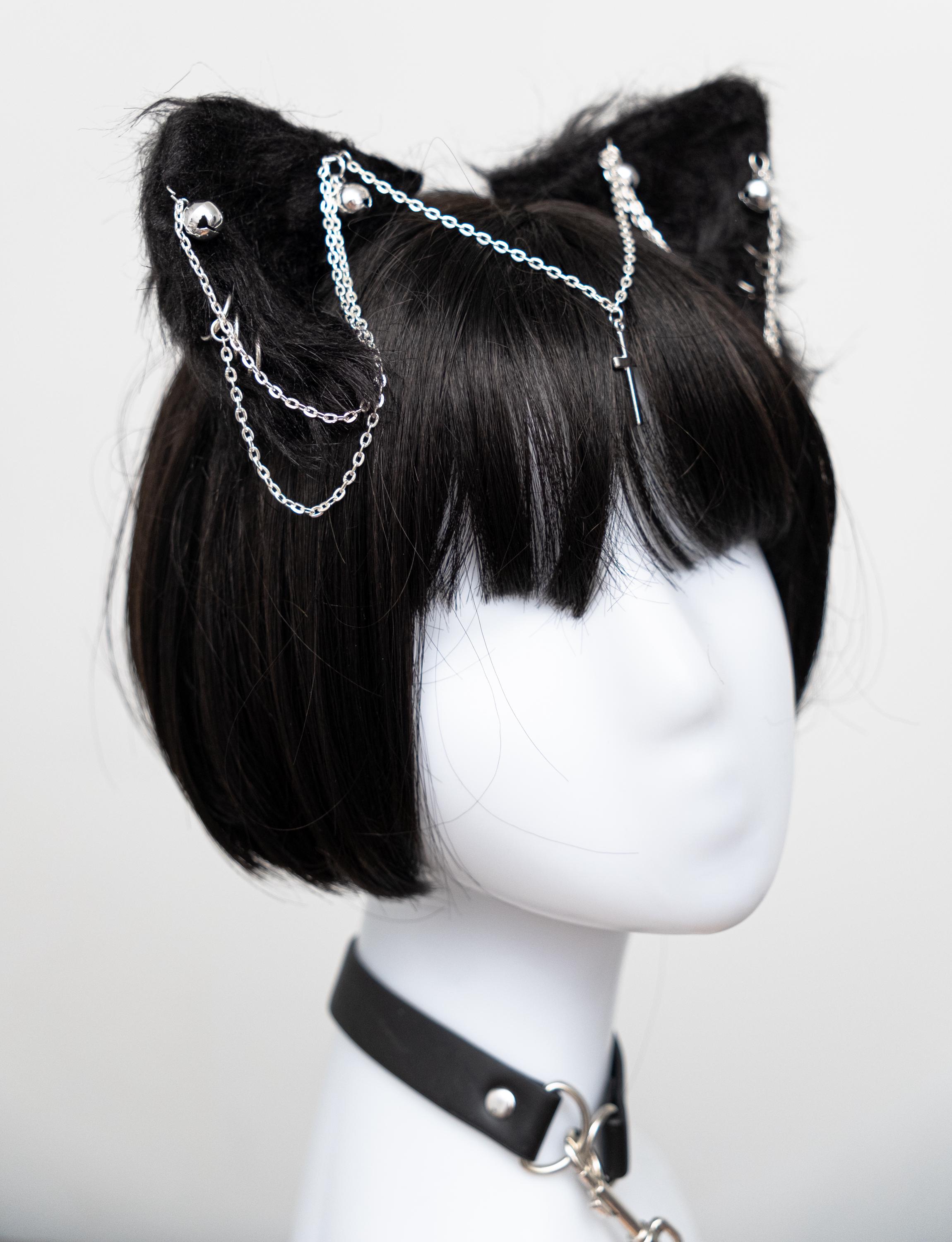 Black Cat Ears Hair Clips With Cross Earrings and Chain Cosplay Cute ...