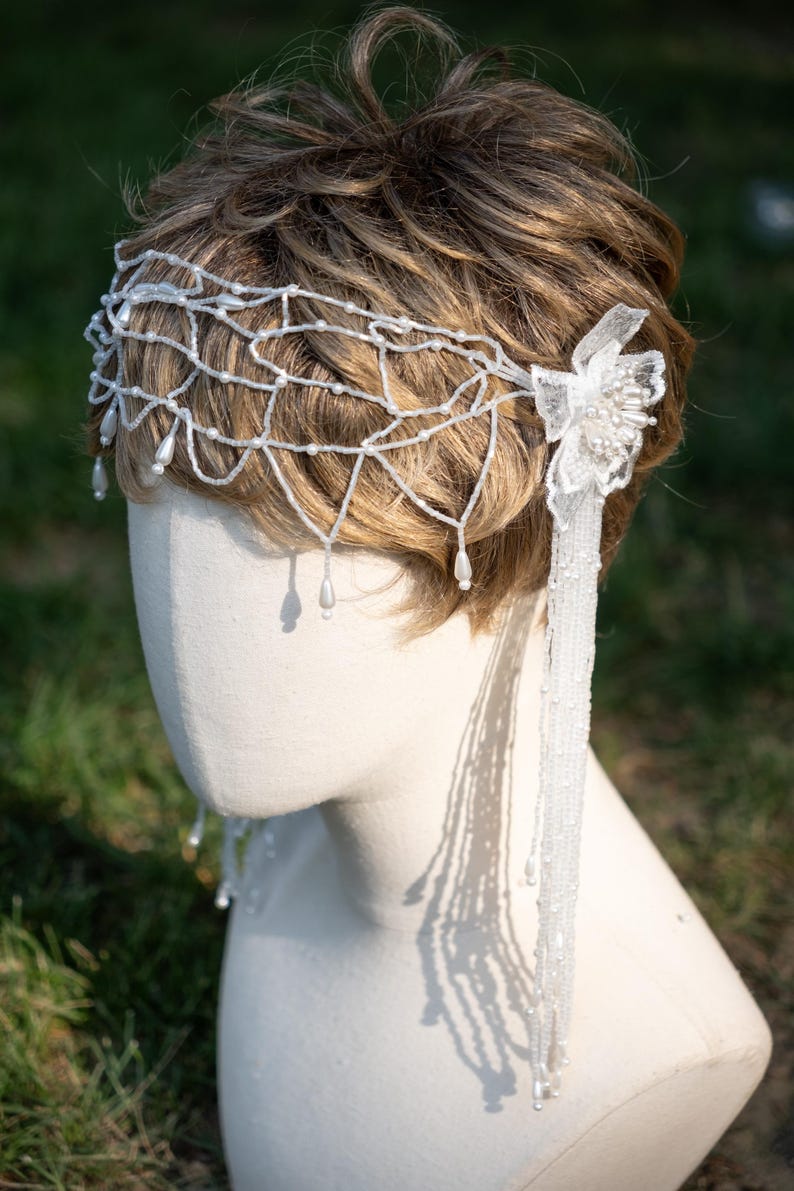 Gatsby Headpiece, White, Bead and Sequin, Jazz Age, Flapper Headband ...