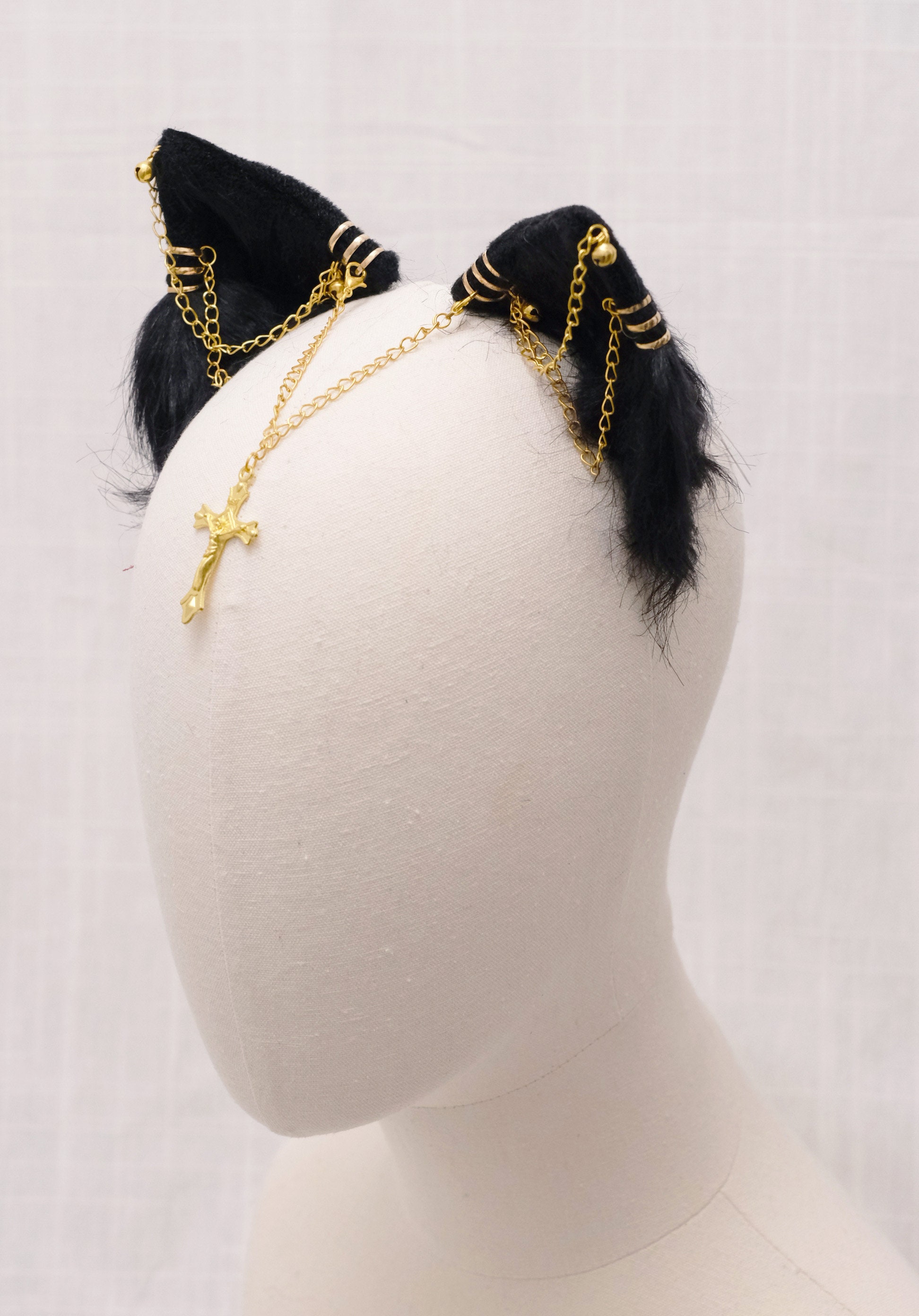 Black Cat Ears Hair Clips With Cross Earrings and Chain Cosplay Cute ...