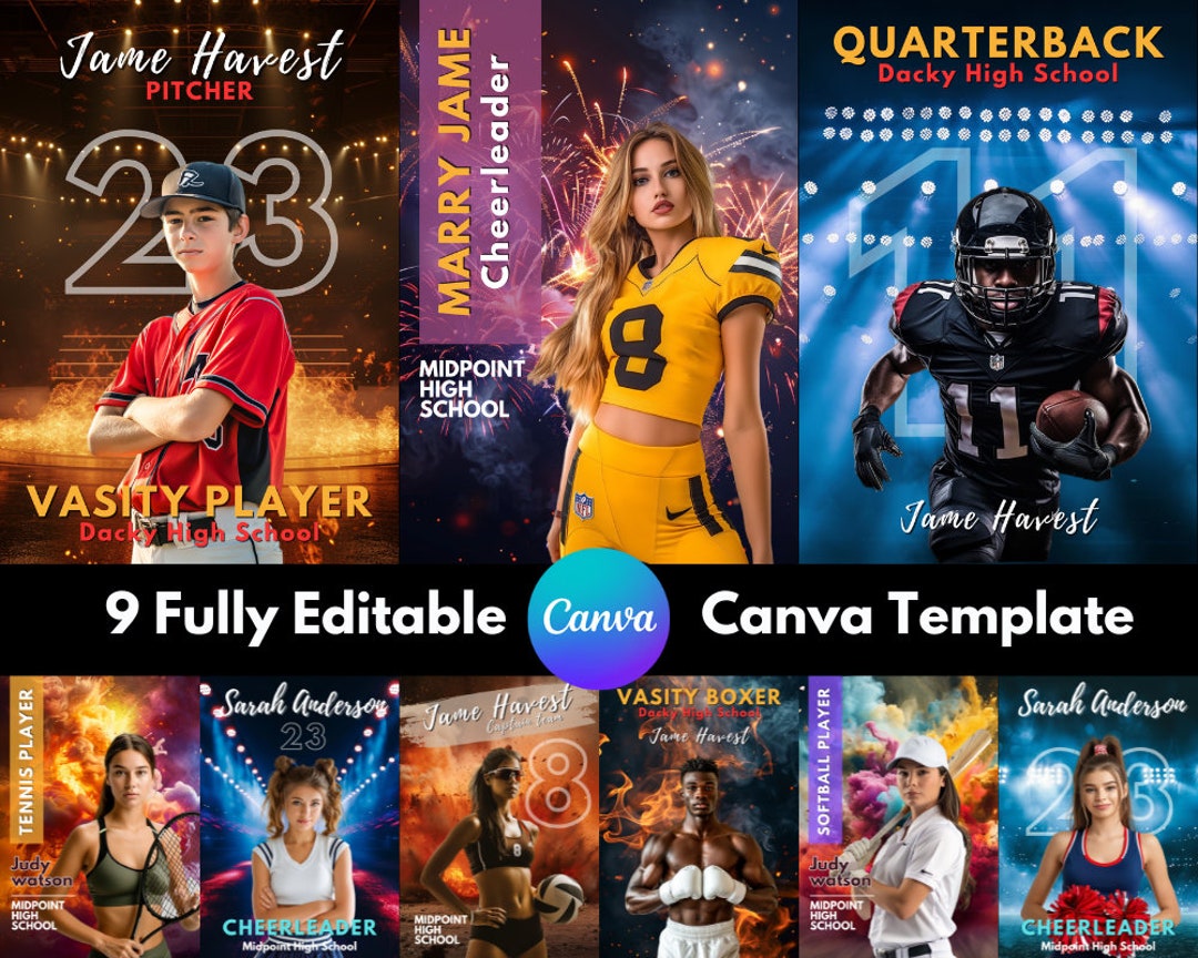 9 Sport Canva Templates | Baseball, Football, Cheerleader, Tennis ...