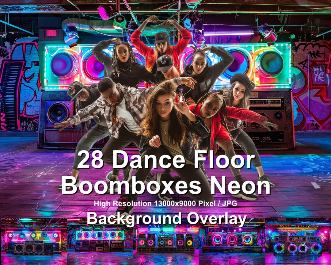 Neon Boombox Dance Floor Backgrounds: Vibrant Photo Overlays (digital ...