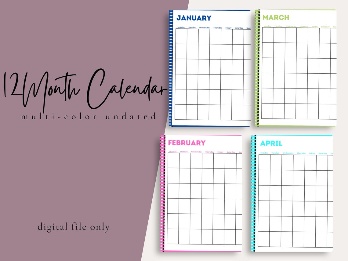 12 Month Multi Color Undated Calendar - Etsy