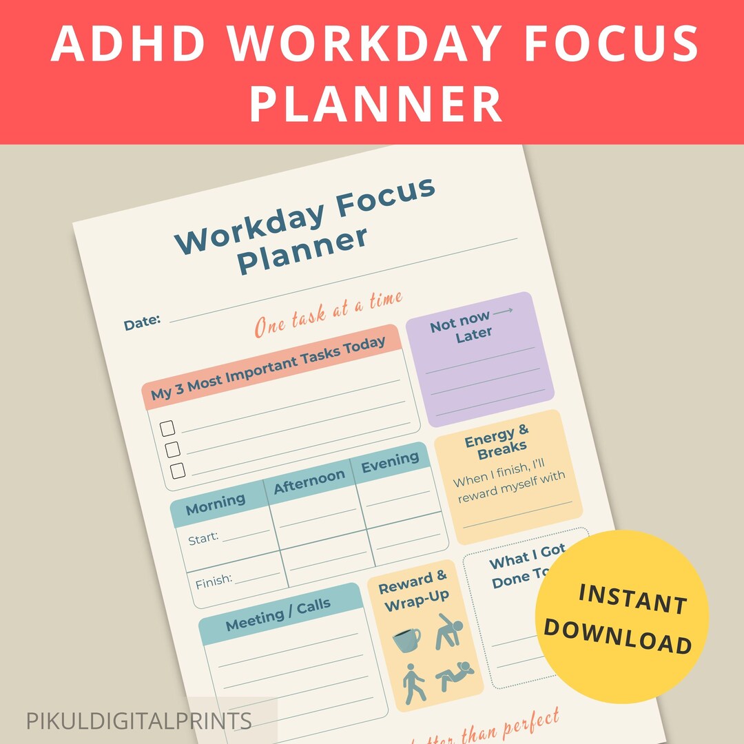ADHD Workday Focus Planner | Printable Daily Productivity Sheet | Time ...