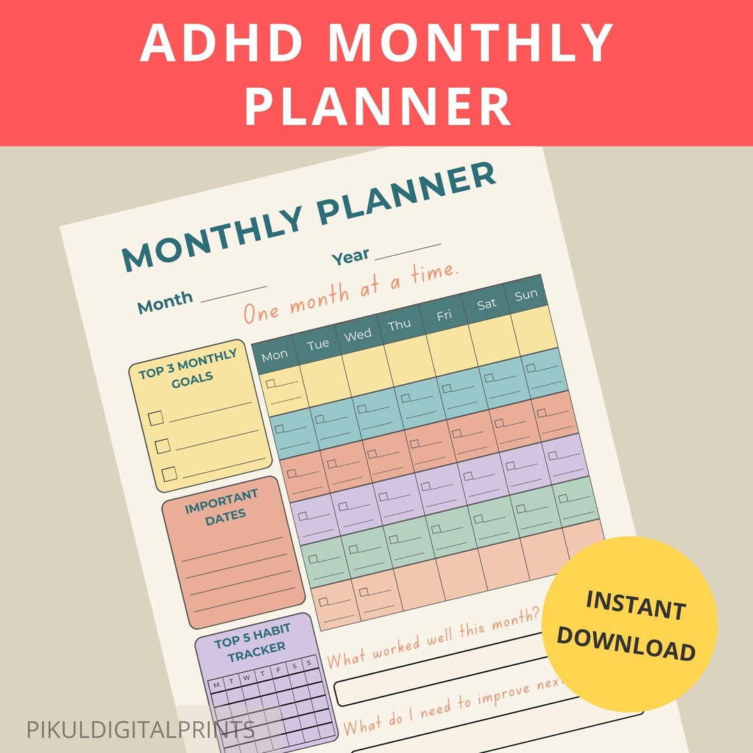ADHD Monthly Planner: Neurodivergent Productivity, Goals, Habit Tracker ...
