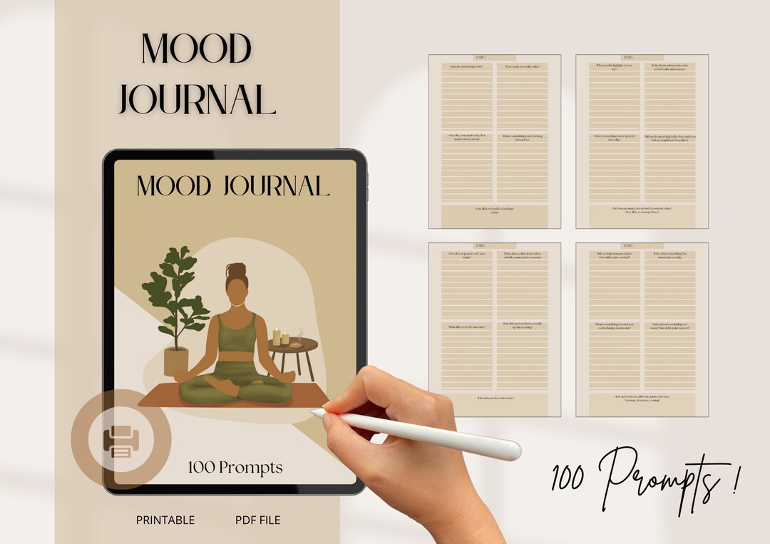 Printable Beige Mood Journal With 100 Prompts Guided Journal for Mental ...