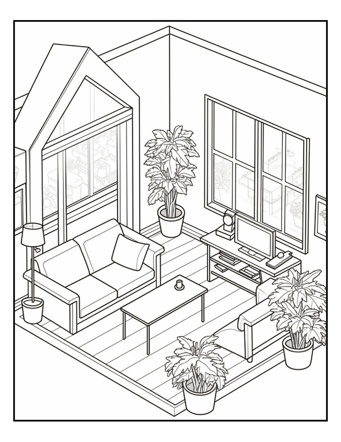 60 Isometric Room Coloring Pages, Interior Coloring Printables, Pocket ...
