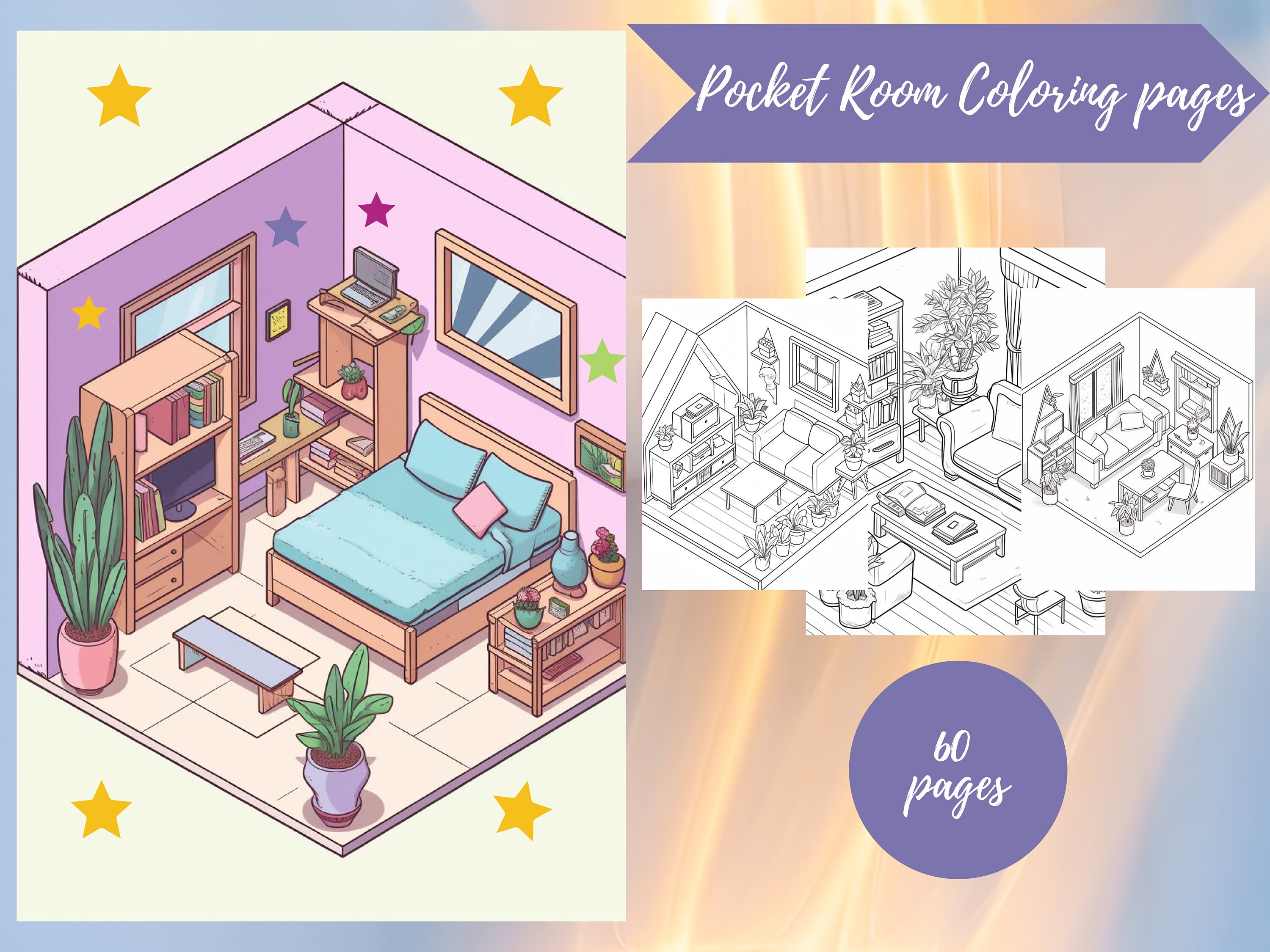 60 Isometric Room Coloring Pages, Interior Coloring Printables, Pocket ...