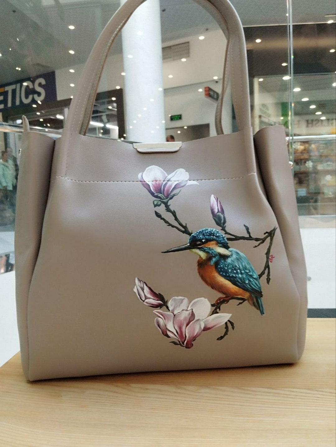 Hand-painted Eco Leather Tote Bag: Kingfisher & Magnolia Floral Purse ...