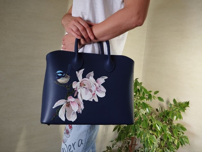Hand-painted Leather Tote Bag: Floral Bird Design, Custom Shoulder Bag ...