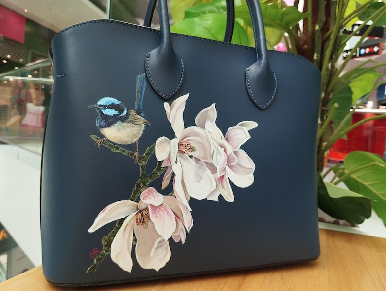 Hand-painted Leather Tote Bag: Floral Bird Design, Custom Shoulder Bag ...