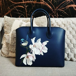 Hand-painted Leather Tote Bag: Floral Bird Design, Custom Shoulder Bag ...