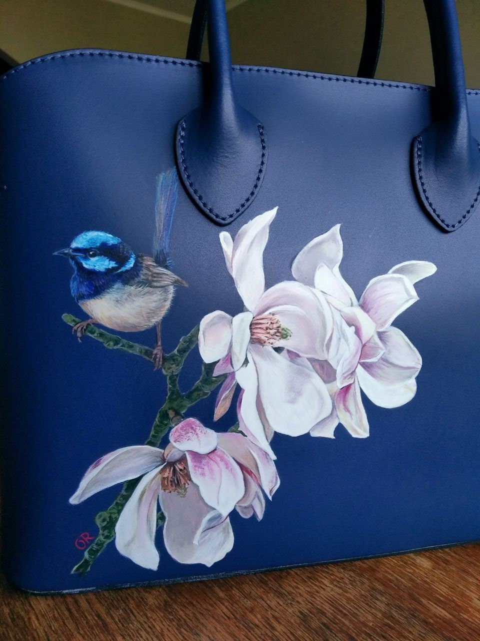 Hand-painted Leather Tote Bag: Floral Bird Design, Custom Shoulder Bag ...