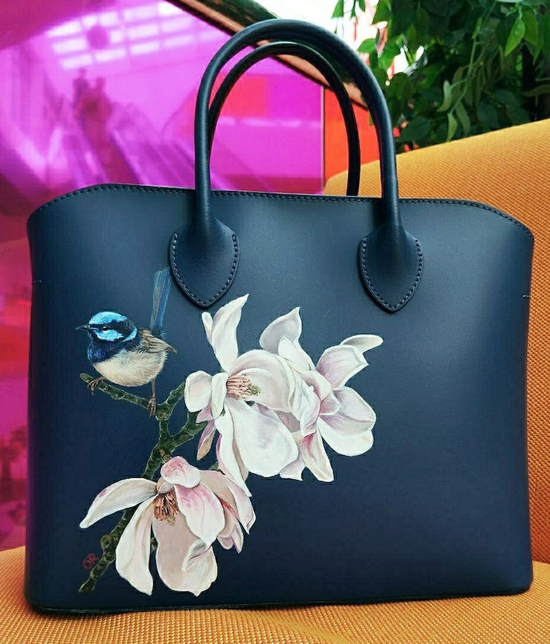 Hand-painted Leather Tote Bag: Floral Bird Design, Custom Shoulder Bag ...