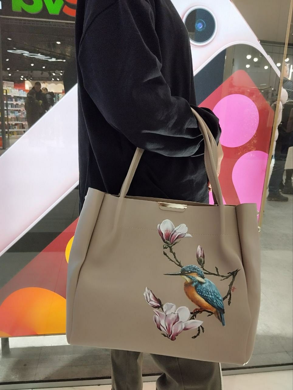 Hand-painted Eco Leather Tote Bag: Kingfisher & Magnolia Floral Purse ...