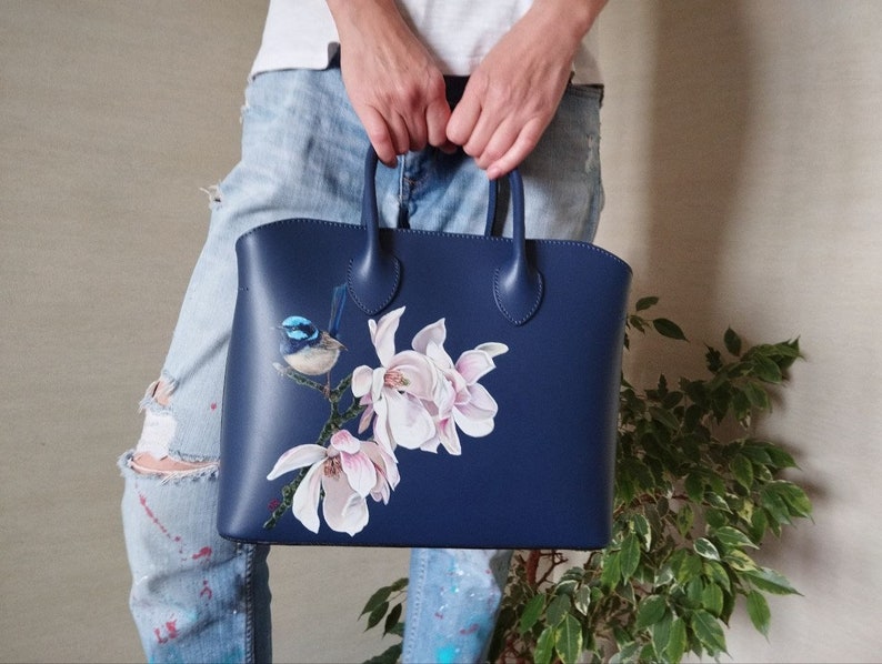 Hand-painted Leather Tote Bag: Floral Bird Design, Custom Shoulder Bag ...