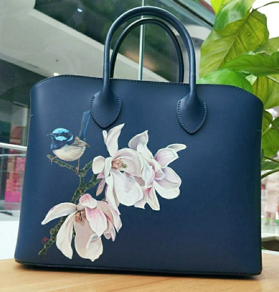 Hand-painted Leather Tote Bag: Floral Bird Design, Custom Shoulder Bag ...