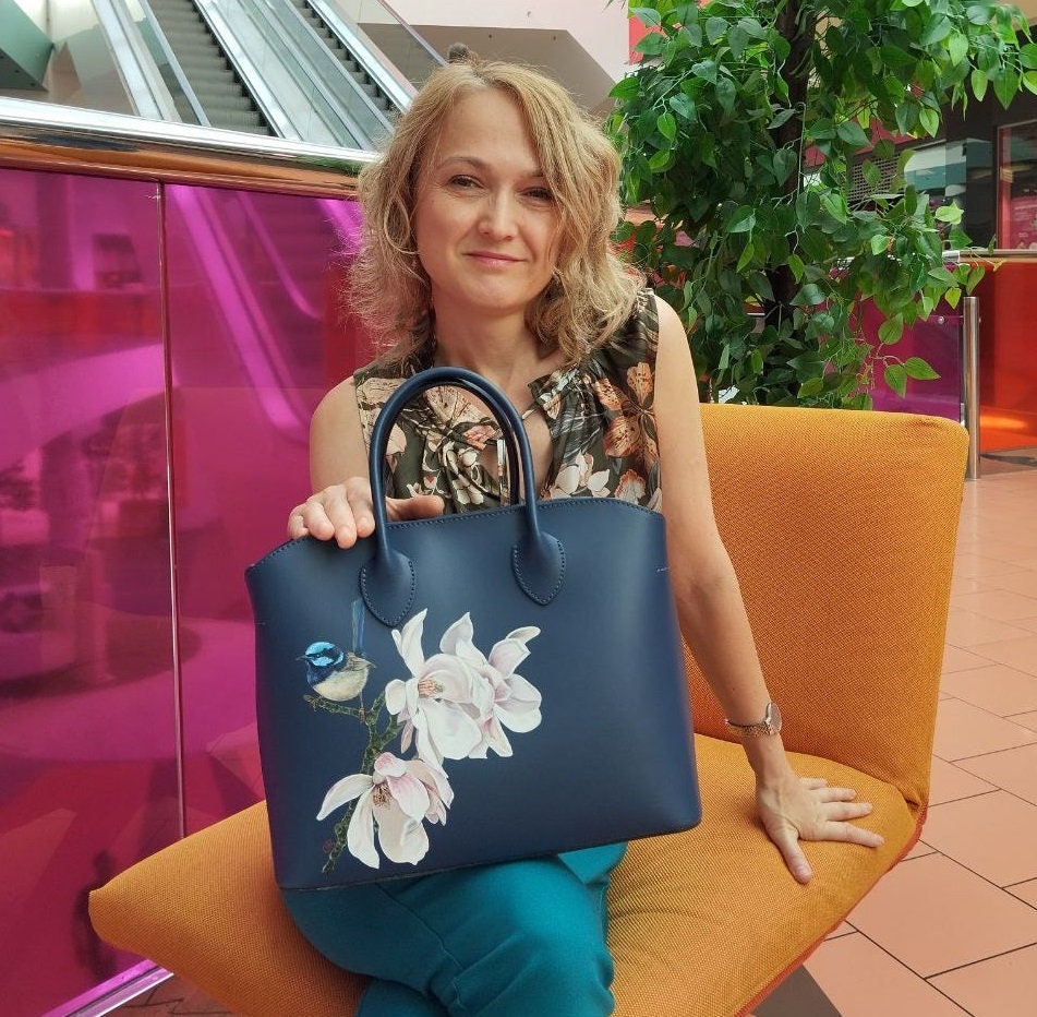Hand-painted Leather Tote Bag: Floral Bird Design, Custom Shoulder Bag ...