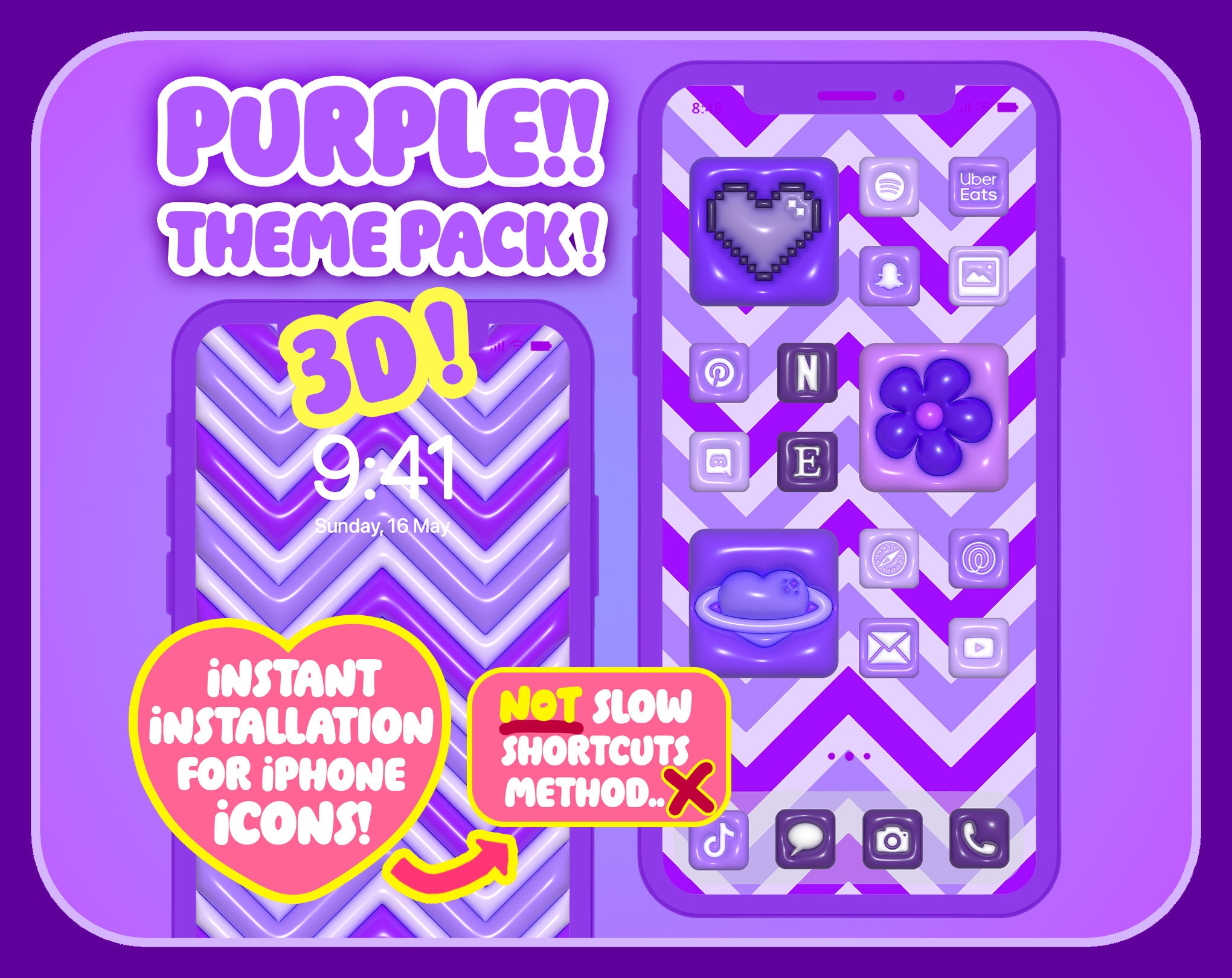 3D PURPLE Ios 17 THEME PACK Instant Icons Install for iPhone Phone ...